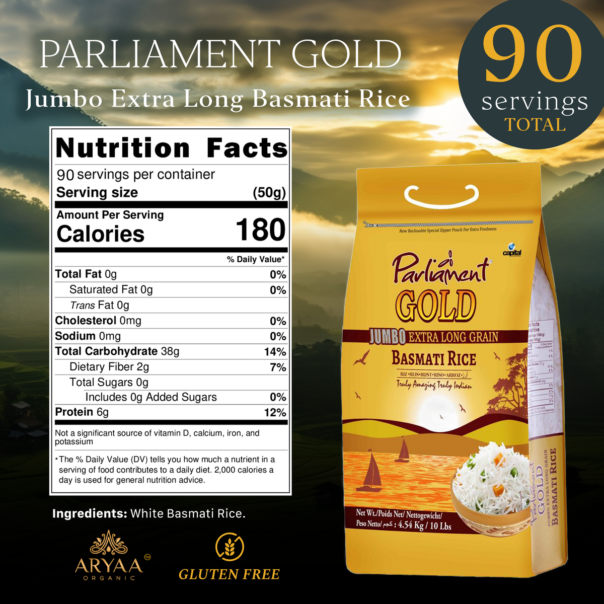 Parliament Gold Jumbo Extra Long Basmati Rice -10 lbs - Aryaa Organic